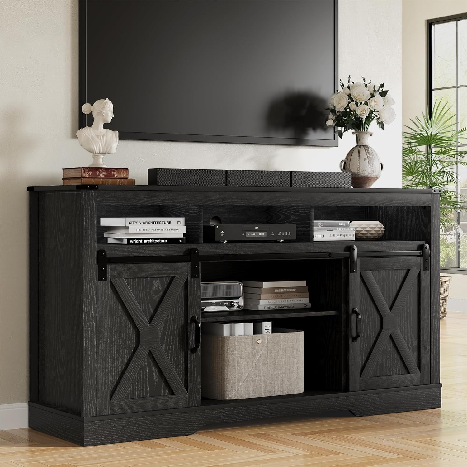 JUIJOWGTGW Farmhouse TV Stand for 65+ Inch TV Tall Entertainment Center ...