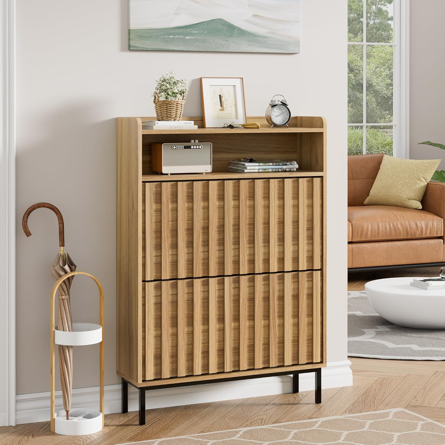 JUIJOWGTGW Shoe Cabinet Shoe Storage Cabinet with 2 Drawers & Fluted ...