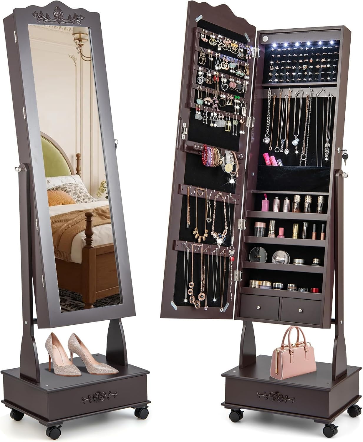 JUIKWGGT Rolling Jewelry Armoire with Full Length Mirror Lockable Stand ...