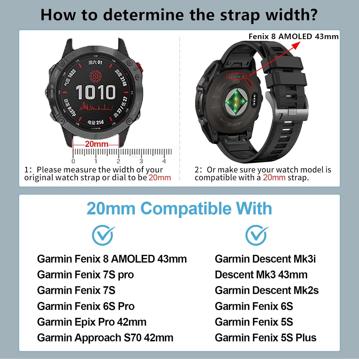 JUJHGRF-20mm Quick fit band Compatible with Garmin Fenix 8 AMOLED-43MM ...