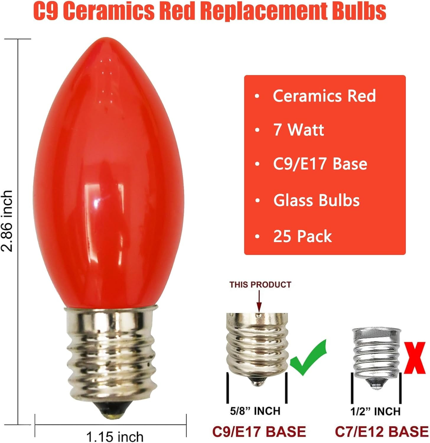 JUJHGRF-25 Pack C9 Red Christmas Light Bulbs, 7 Watt Red Incandescent ...
