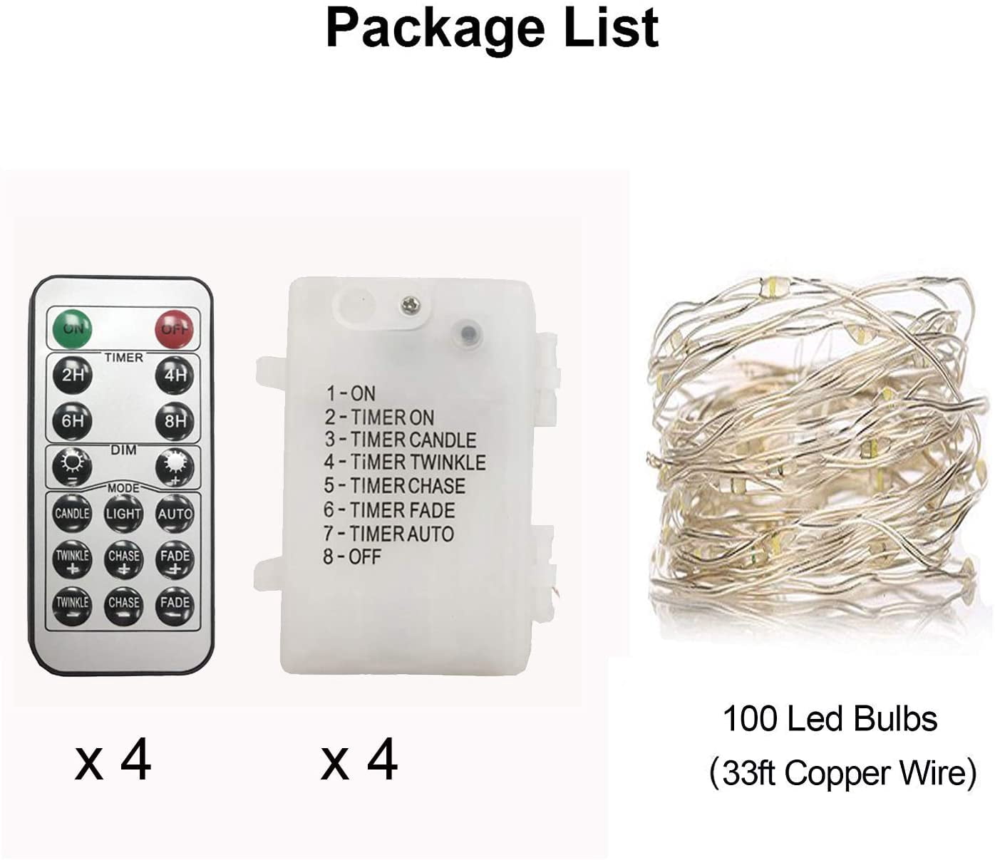 JUJHGRF-4 Pack 33Ft 100 Warm White Led Fairy Lights Battery Operated ...