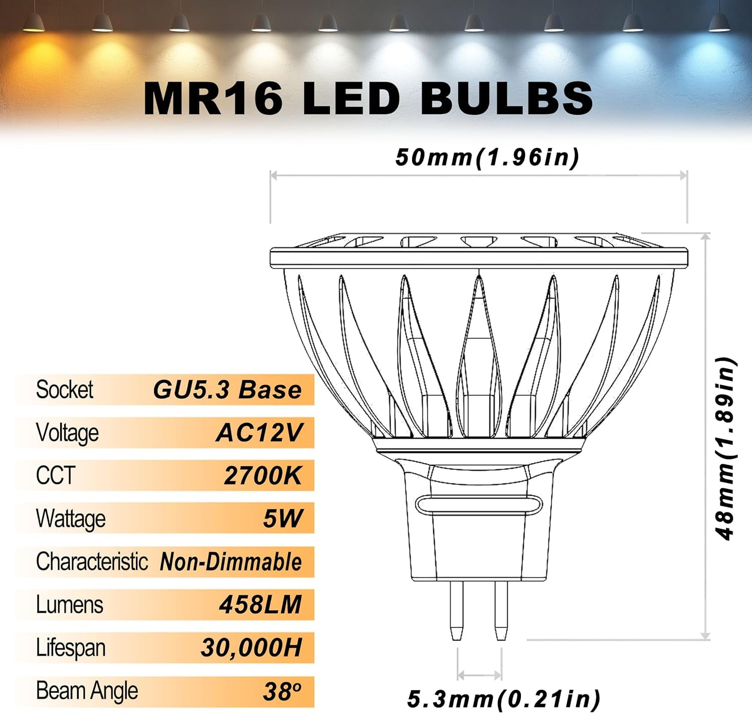 JUJHGRF-MR16 GU5.3 LED Bulbs 50W Halogen Equivalent, 2700K Warm White ...