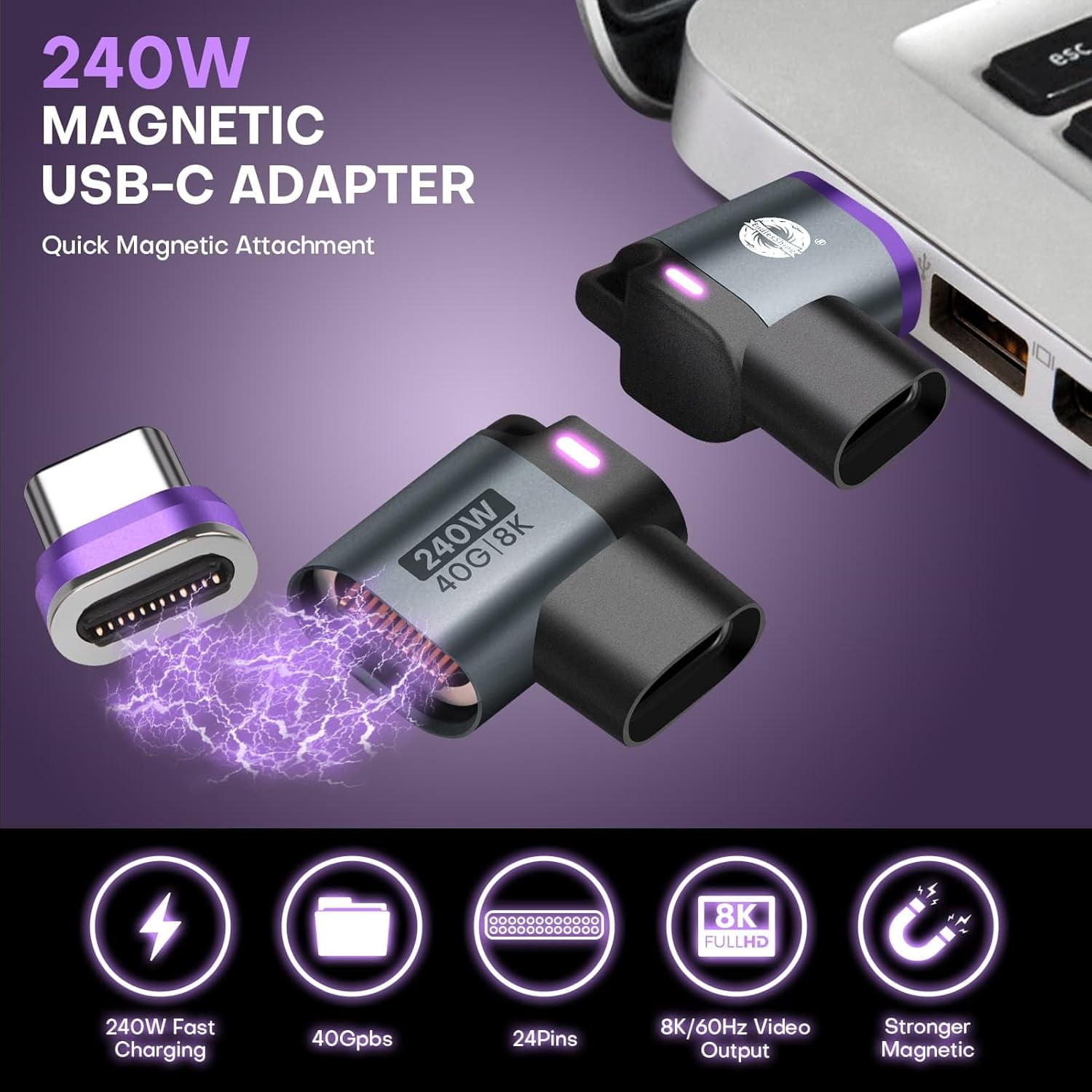 JUJHGRF-Magnetic USB Adapter Type C to C 2 Pack Narrow-L Angle USB4.0 ...