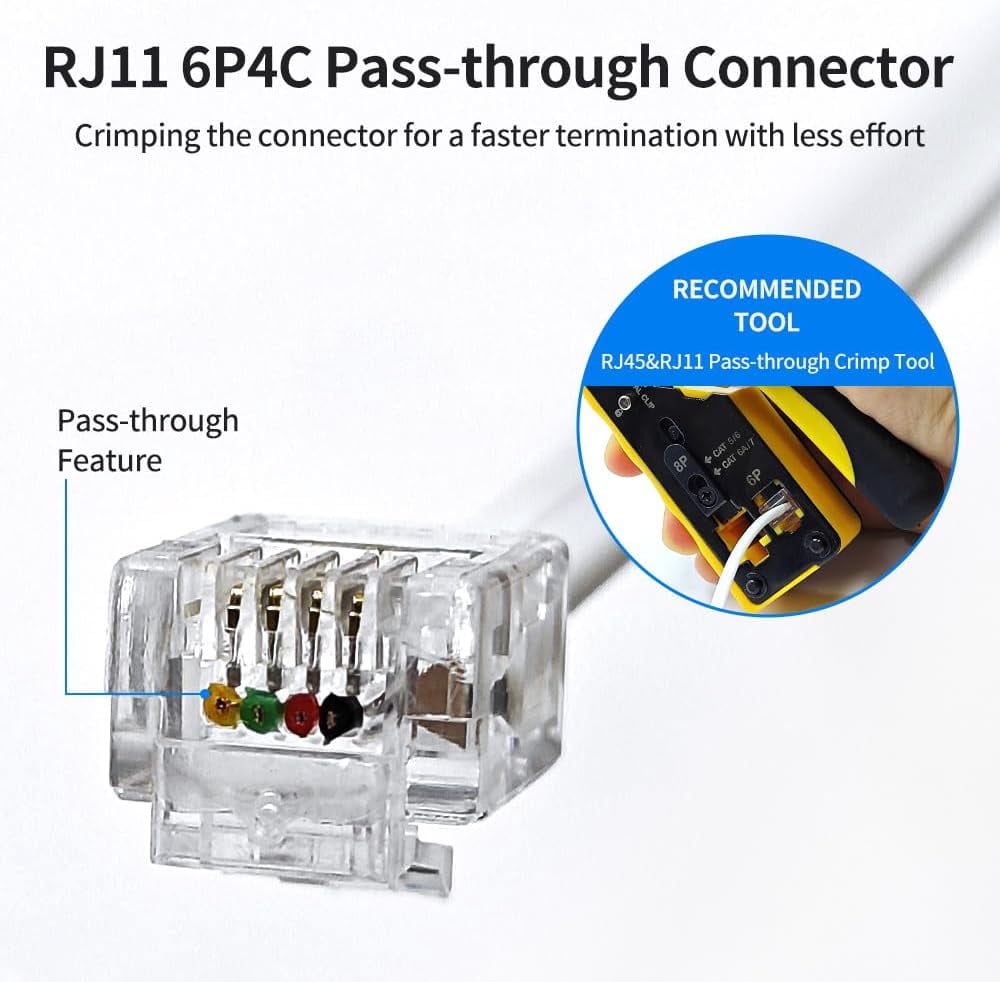 JUJHGRF-RJ11 6P4C Pass Through Connectors(100 Pieces Pack) Telephone Line Cable Wire Male Plug ...