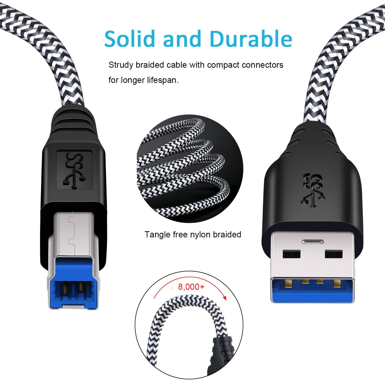JUJHGRF-USB 3.0 Cable A to B, 2-Pack 1.5ft Short Braided USB 3.0 Type A ...