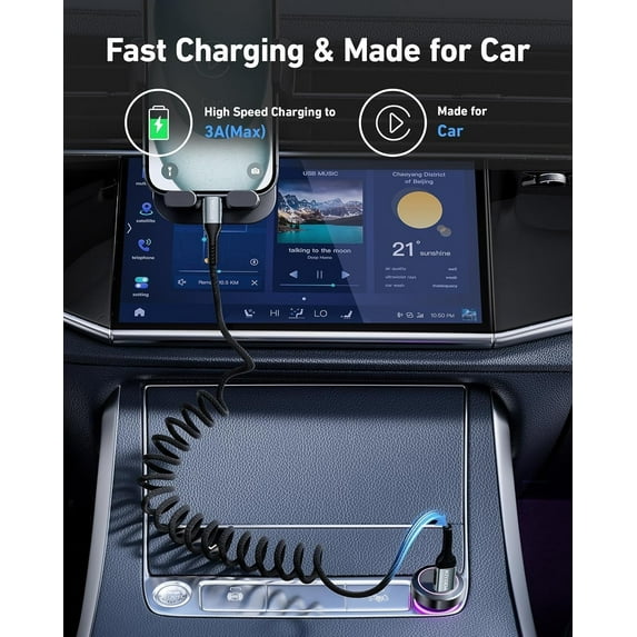 JUJHGRF-USB C Cable for Car 3FT/6FT, Coiled USB C to USB C Cable Fast ...