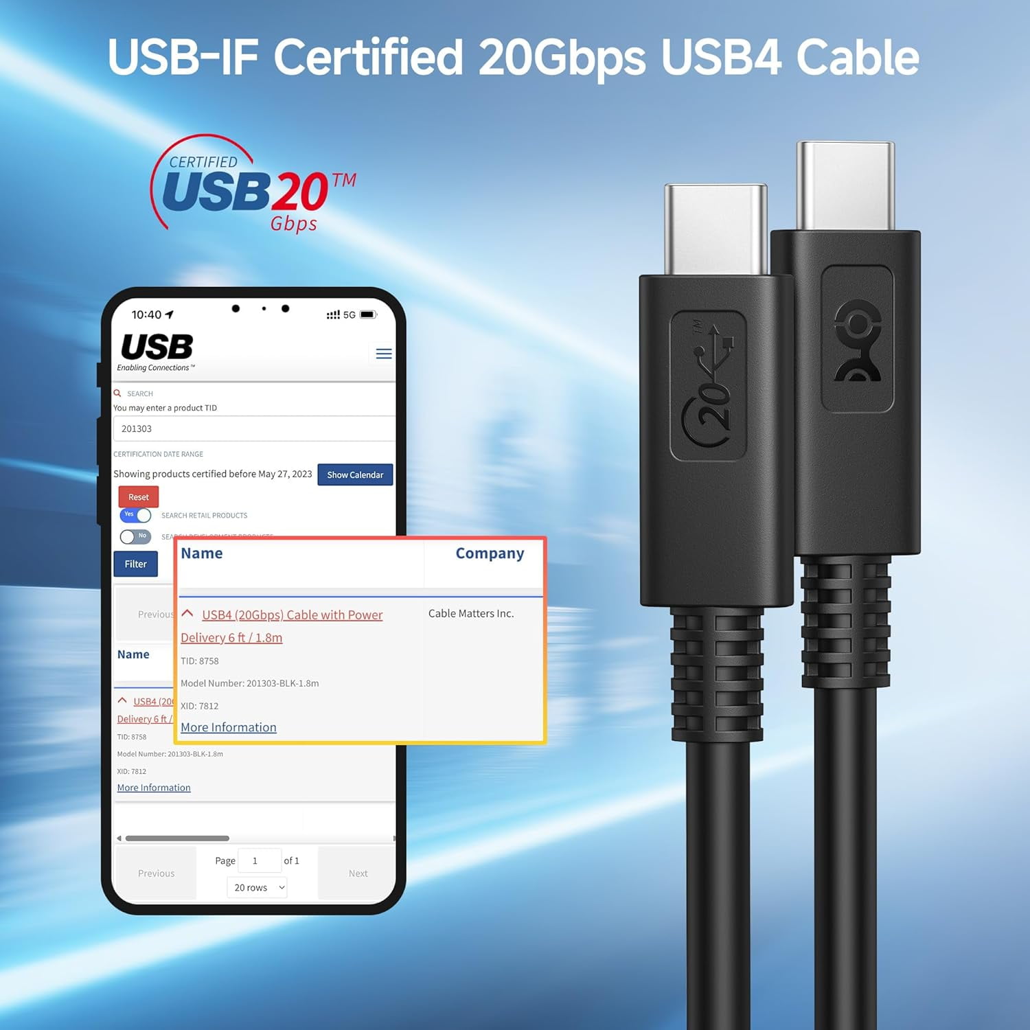 JUJHGRF-[USB-IF Certified] 20 Gbps USB C Cable / USB4 Cable - 6ft ...