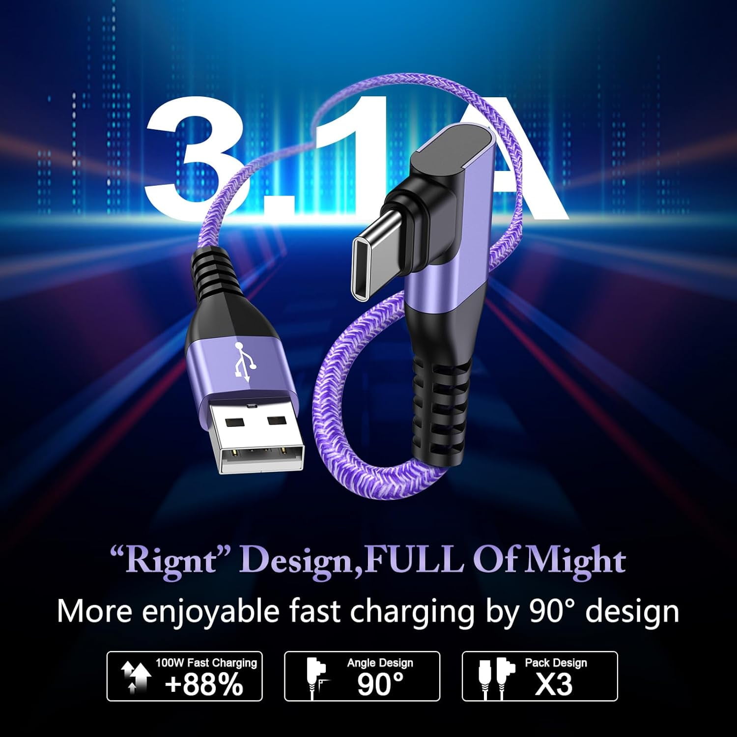 JUJHGRF-USB Type C Cable 6FT 3Pack Fast Charging Right Angle Cable,3.1A ...
