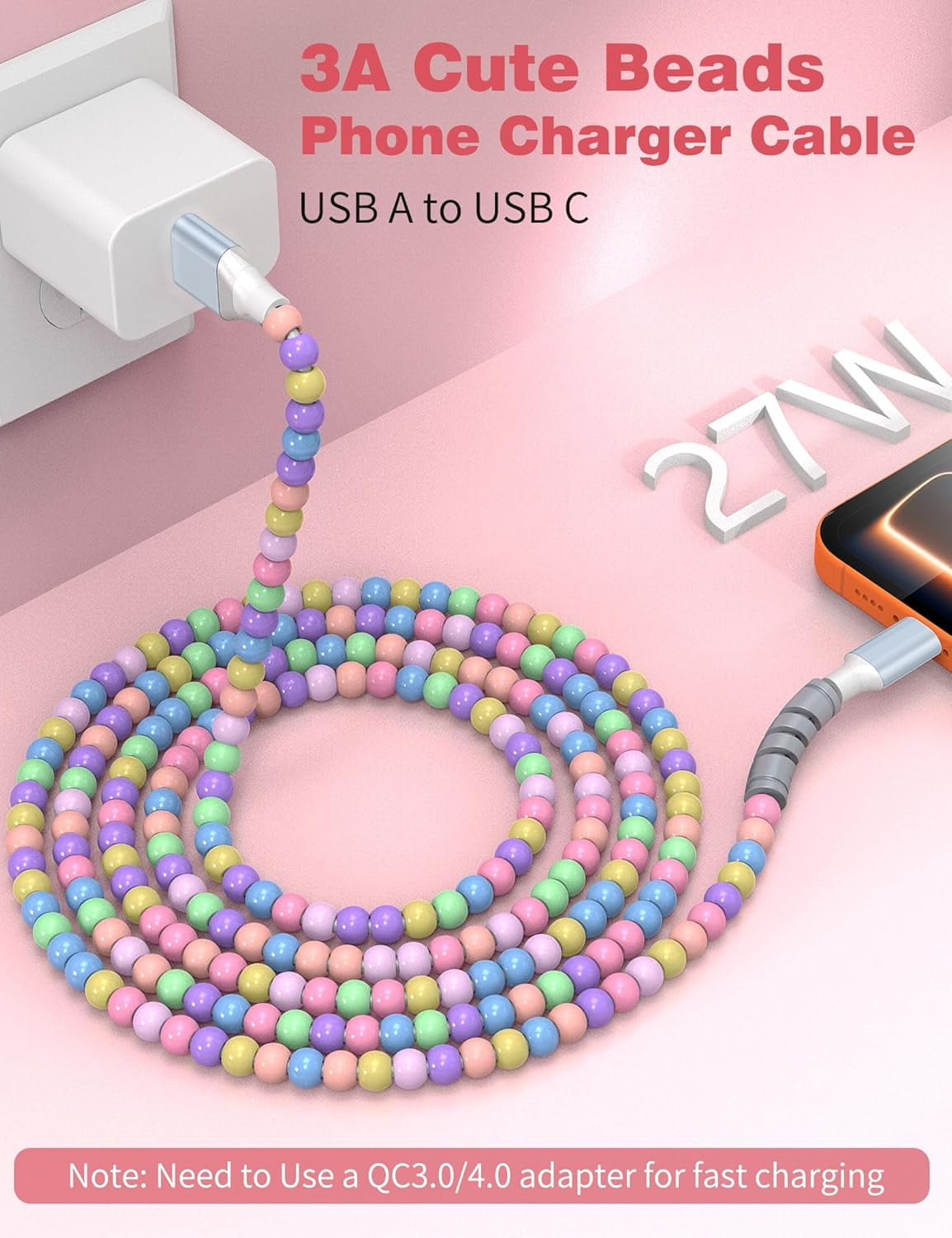JUJHGRF-USB A to USB C Cable 3FT,Beaded Charger Cord 27W Fast Charging ...