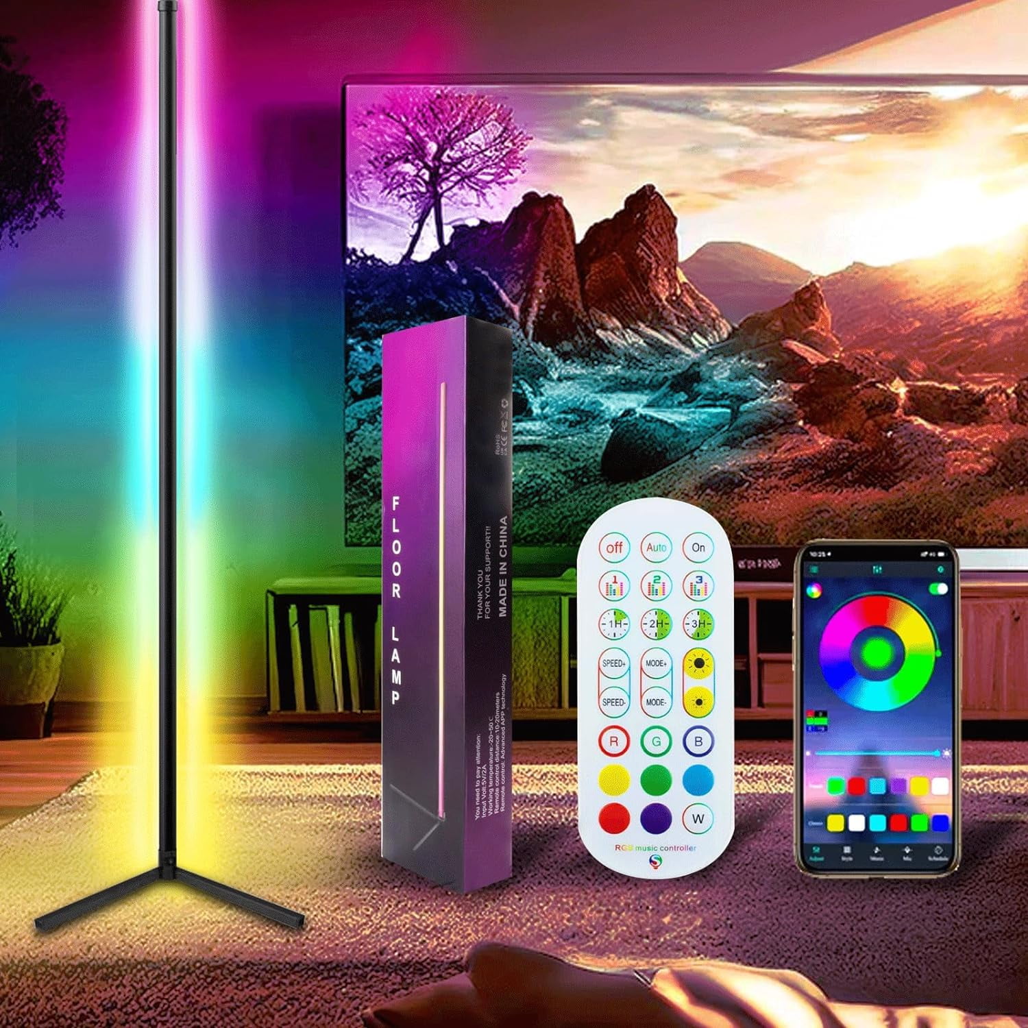 JUKKRE Corner Floor Lamp Smart RGB Floor Lamp Dimmable LED Corner Lamp ...