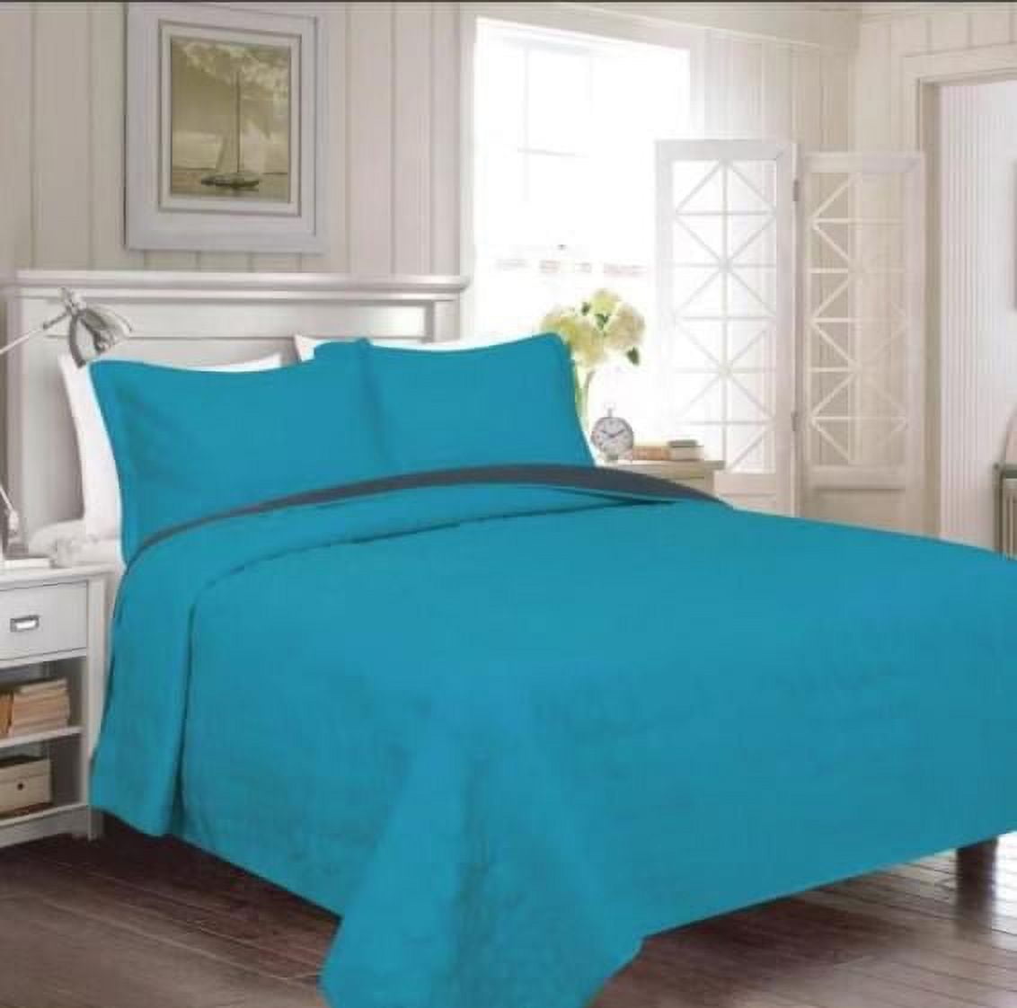SH Julian Aqua and Gray Reversible Plush Bedspread Set, King Size, Soft ...