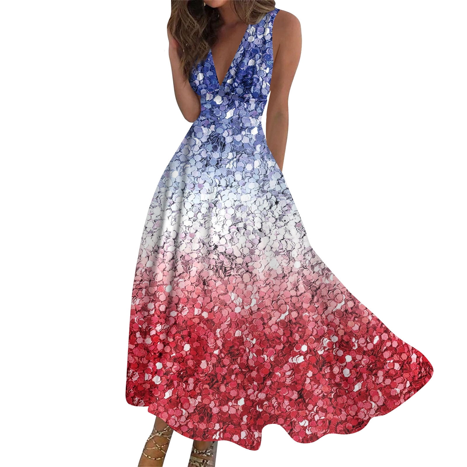 JULMCOMO 4th Of July Maxi Dress Deep V Neck Sleeveless Dresses Loose ...