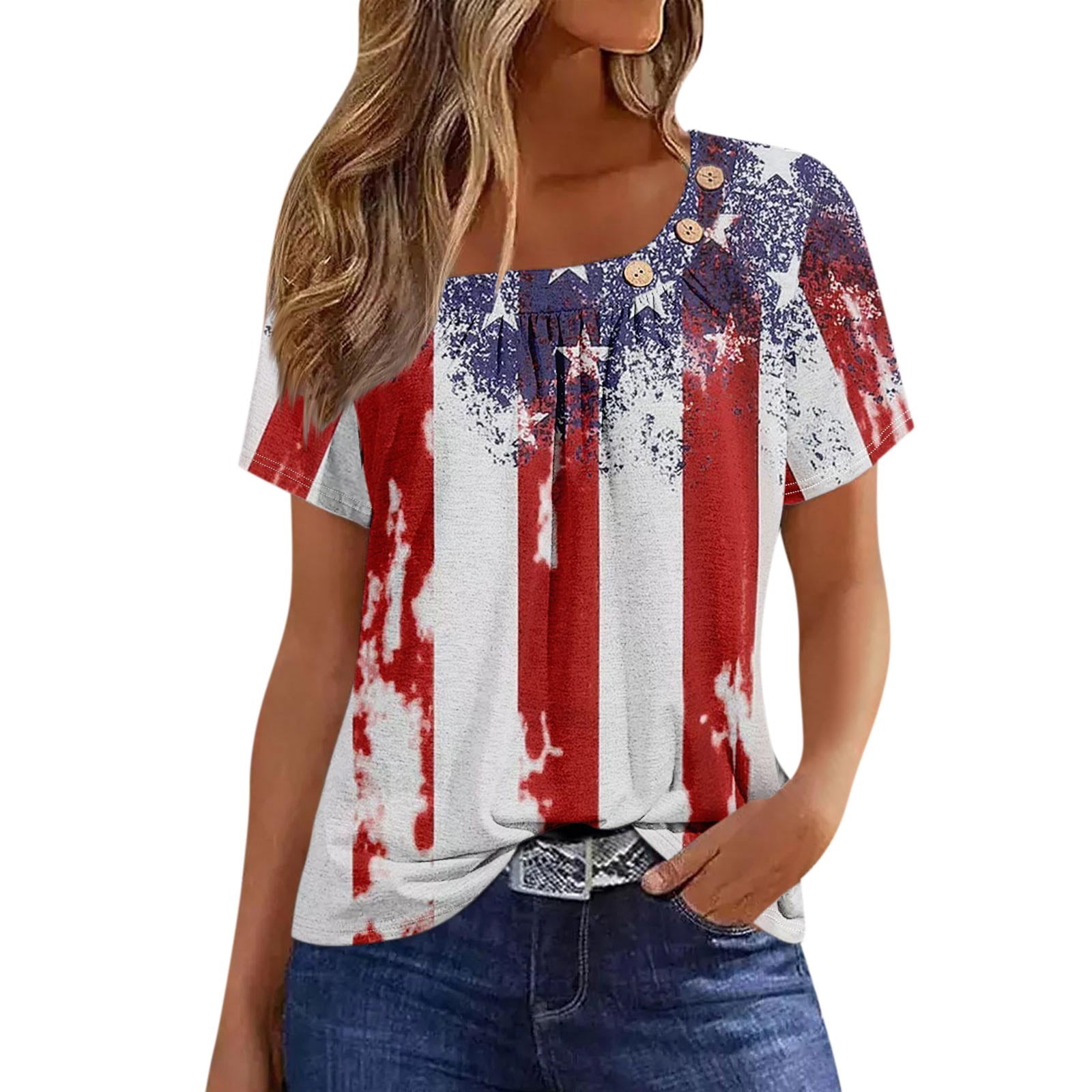 JULMCOMO 4th of July Womens Going Out Tops Button Decor Pleated Shirts ...