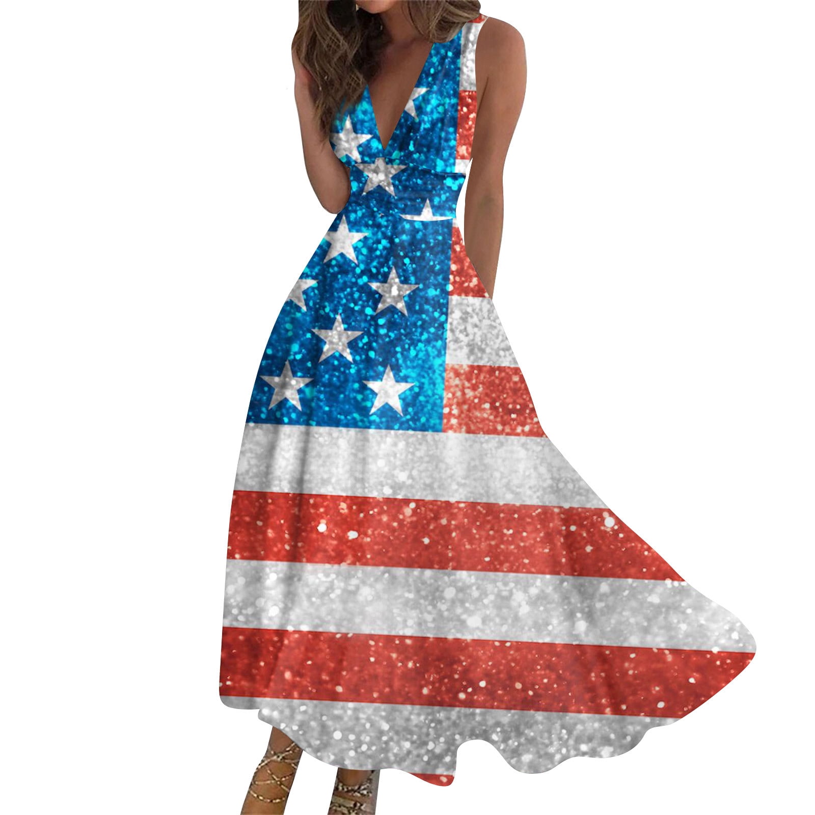 JULMCOMO 4th Of July Womens Maxi Dress Deep V Neck Sleeveless Long ...