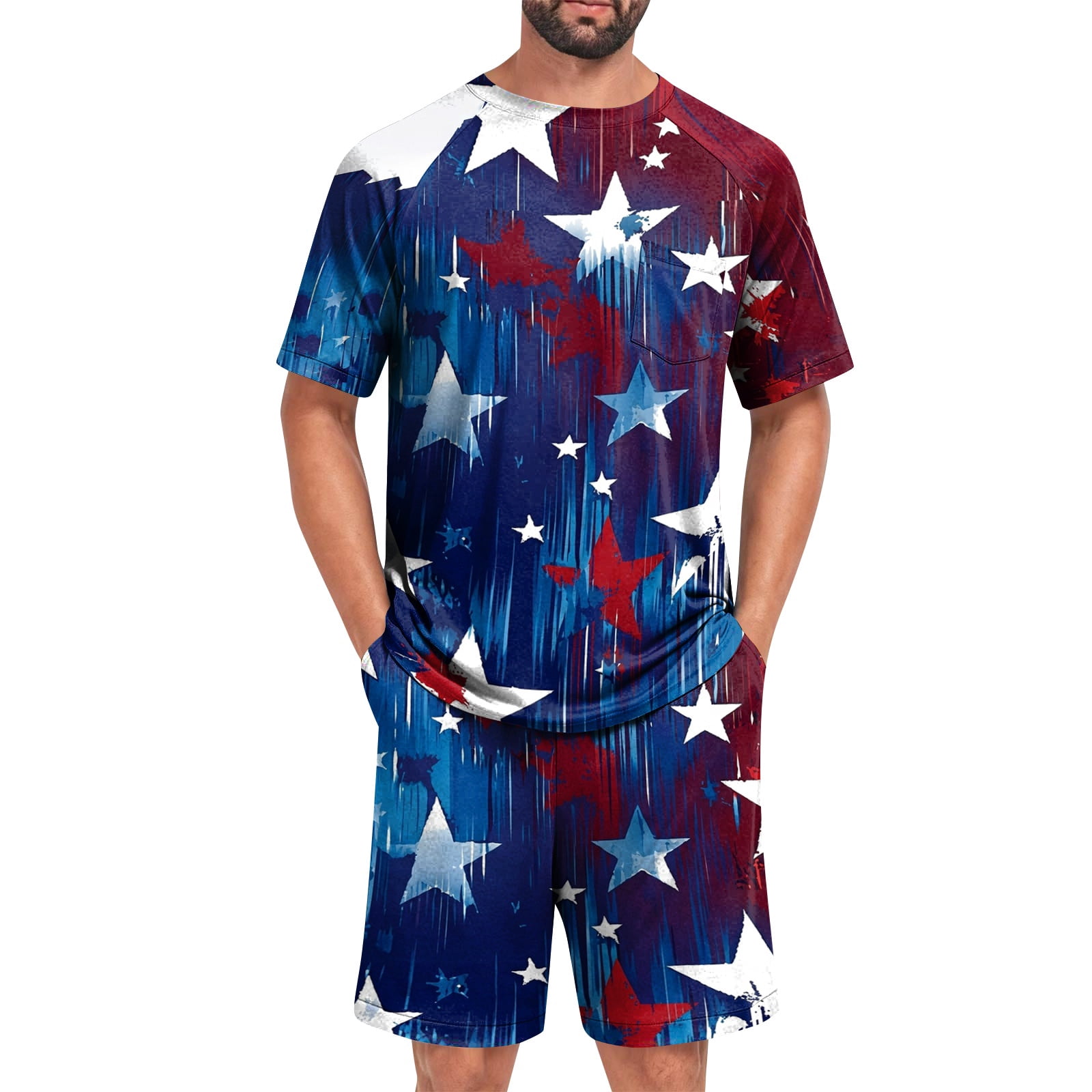 JULMCOMO 4th of July Men's Pajamas Set Red White Blue Crew Neck ...