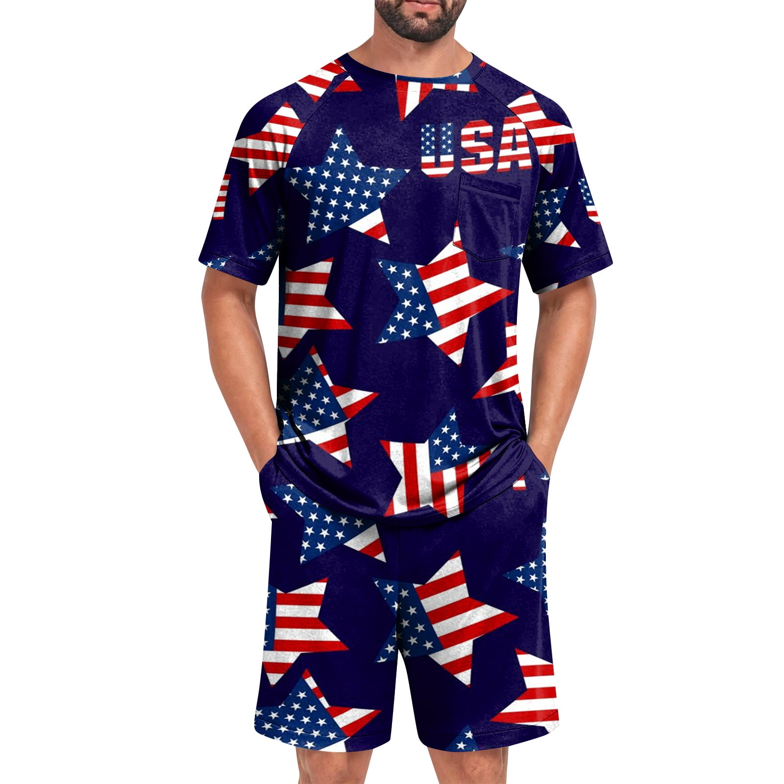 JULMCOMO American Flag Men's Pajamas Set Stars Stripes Crew Neck ...