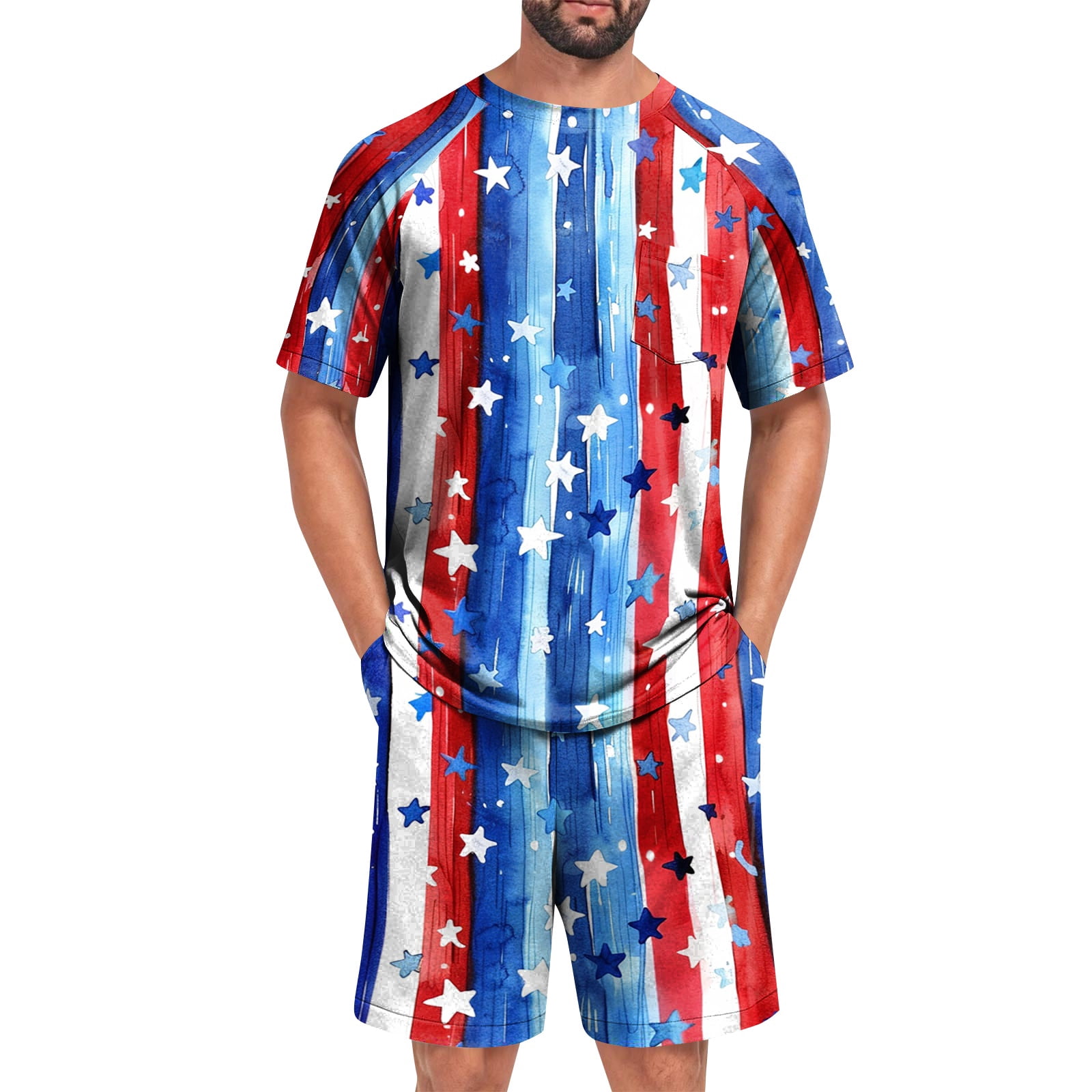 JULMCOMO American Flag Men's Pajamas Set Stars Stripes Crew Neck ...