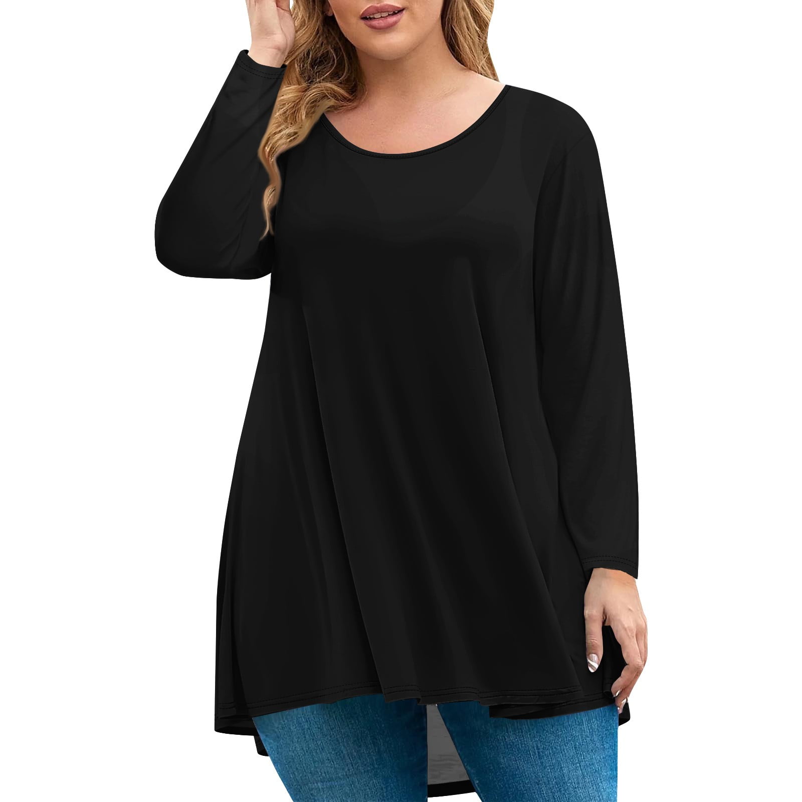 JULMCOMO Black Plus Size Tunic Tops for Women Clearance Long Sleeve Crew Neck Shirts Western ...
