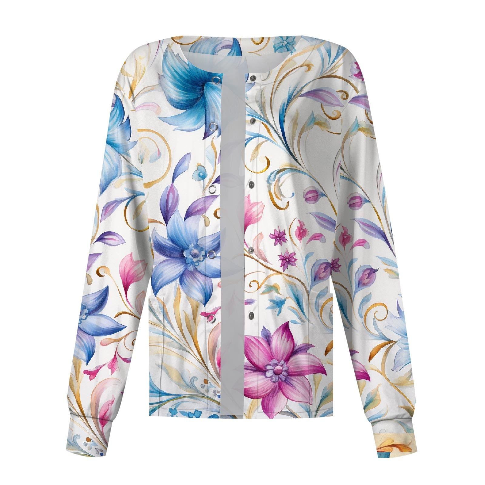 JULMCOMO Black Scrub Jacket for Woman Floral Print Long Sleeve Snap ...