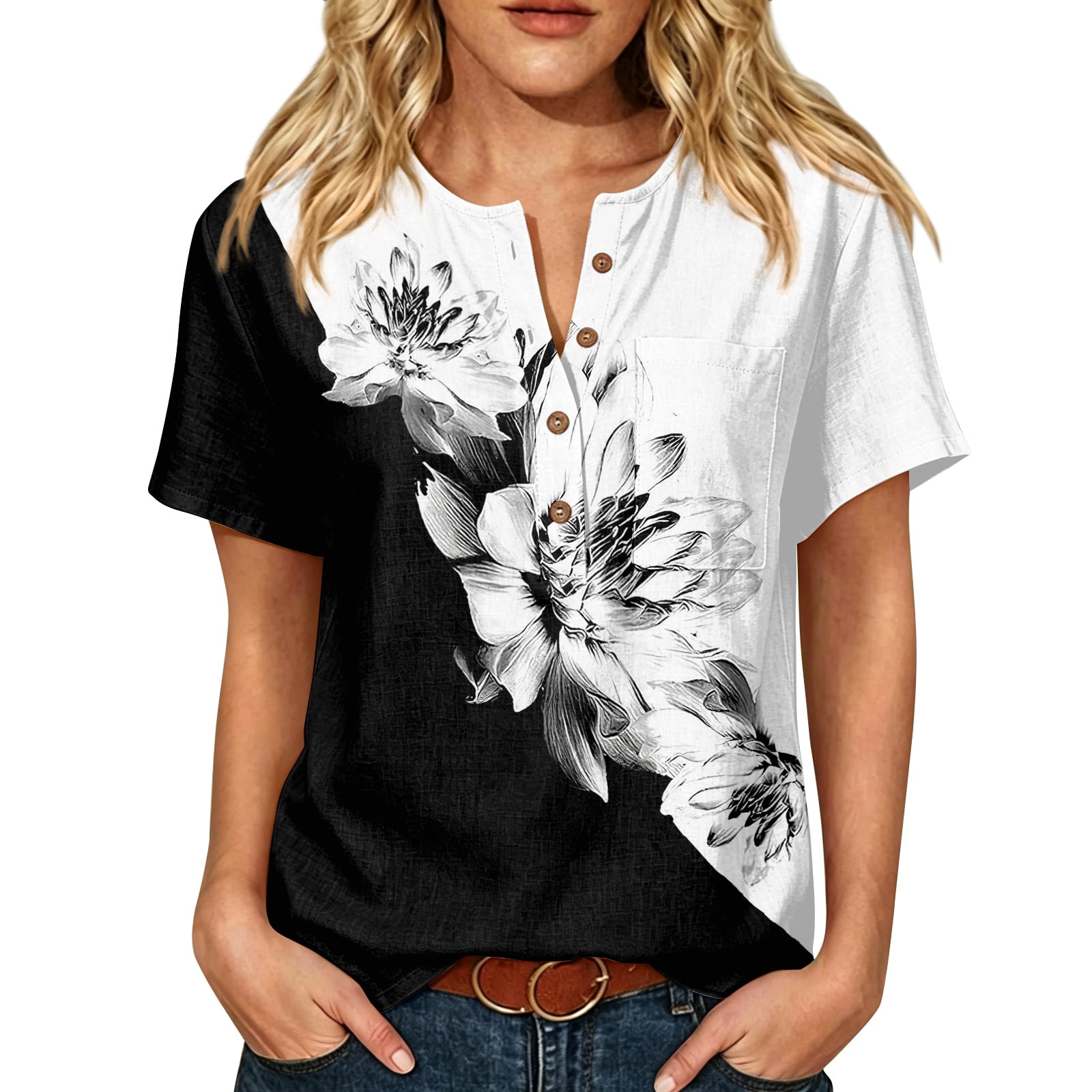 JULMCOMO Cotton Linen T Shirts for Women Floral Print Short Sleeve ...