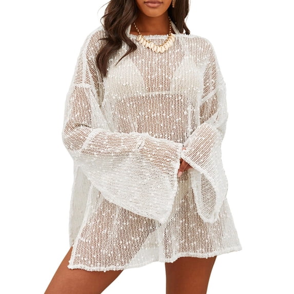 JULMCOMO Crochet Beach Cover Ups for Women Mesh Sheer Long Bell Sleeve ...