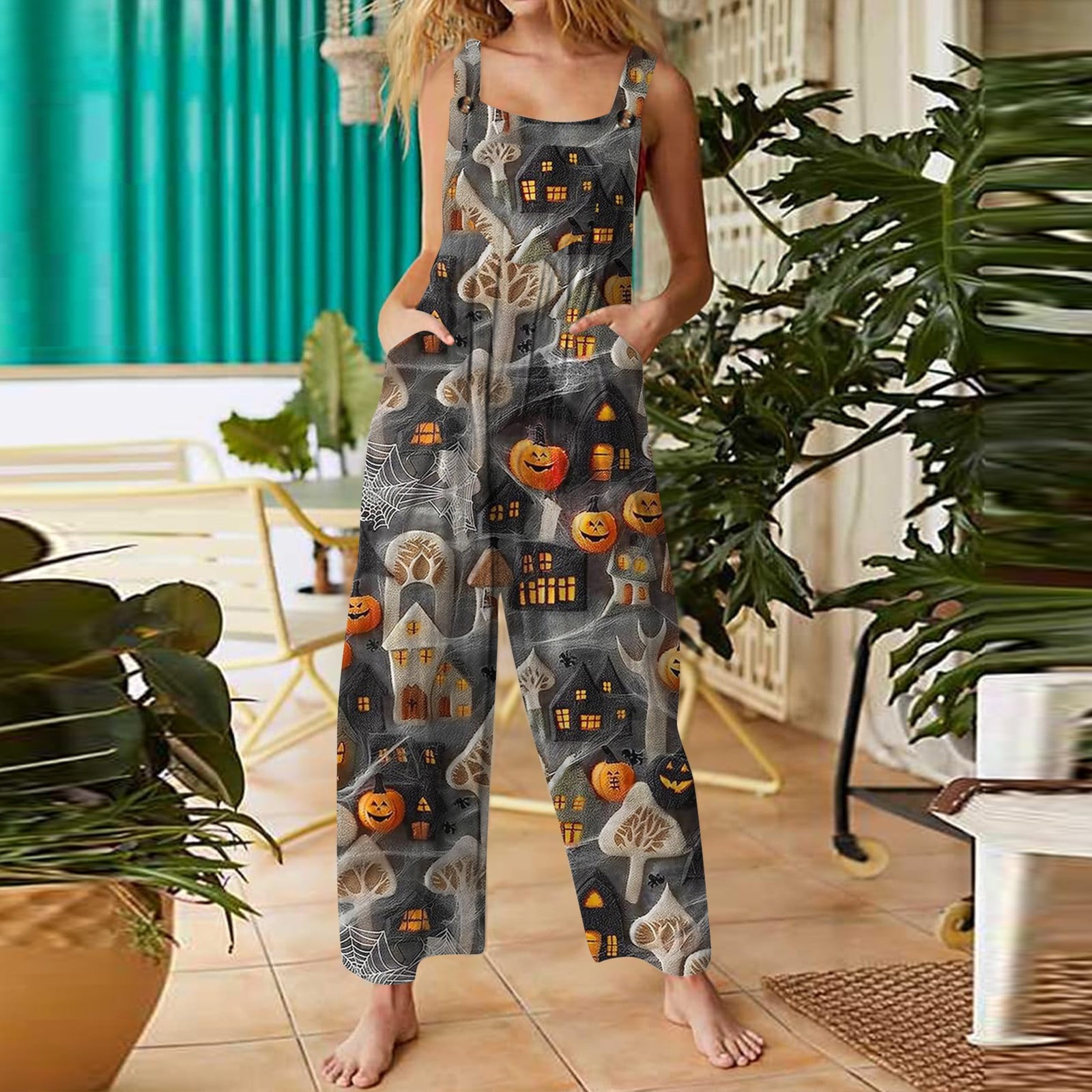 JULMCOMO Halloween Oversized Overalls for Women Dressy 3D Print Wide ...