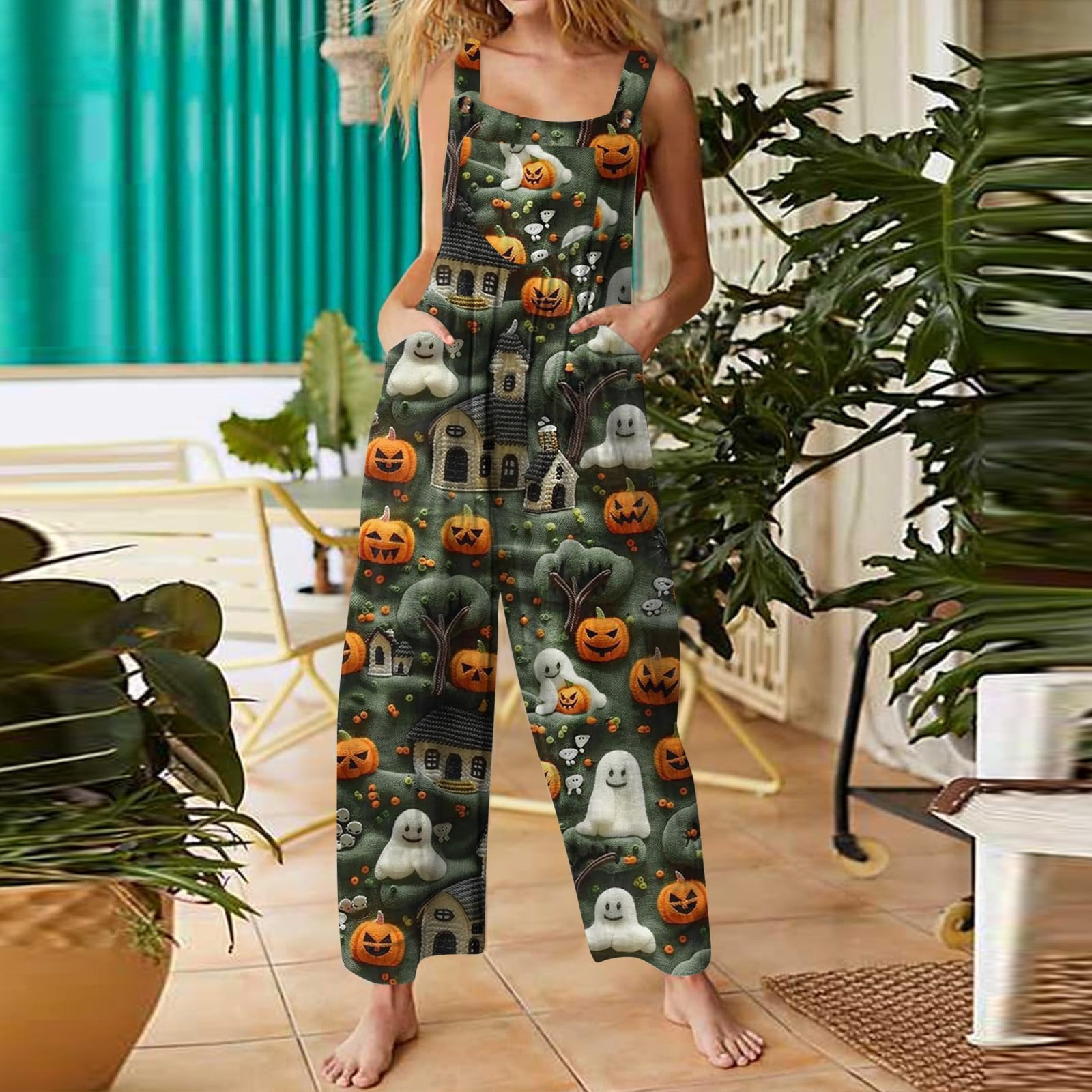 JULMCOMO Halloween Oversized Overalls for Women Trendy Bat Print Wide ...