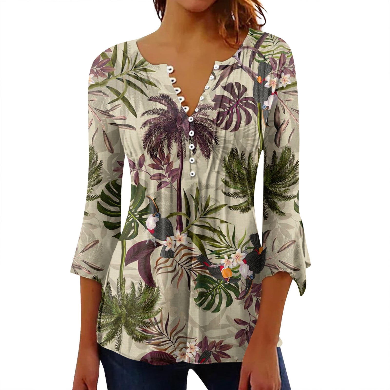 JULMCOMO Hawaiian Women Tropical Floral Print Henley Shirts 2024 Trendy ...