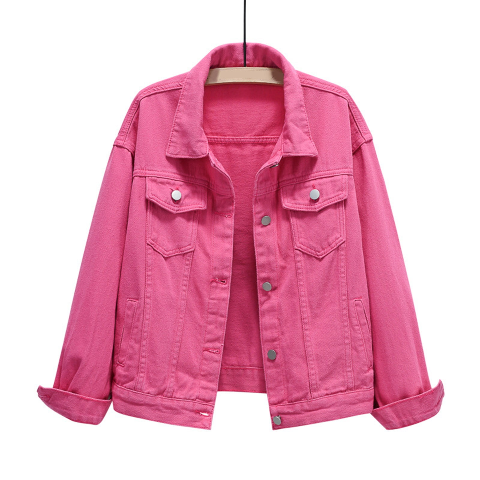 JULMCOMO Hot Pink Denim Jacket for Women Fall Lightweight Cropped 3/4 ...