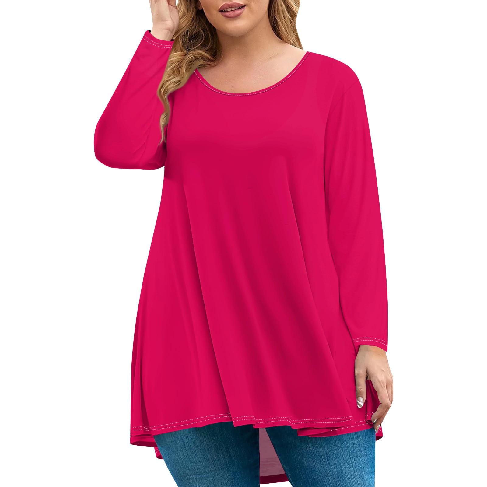 JULMCOMO Hot Pink Plus Size Shirts for Women Clearance Long Sleeve Crew ...
