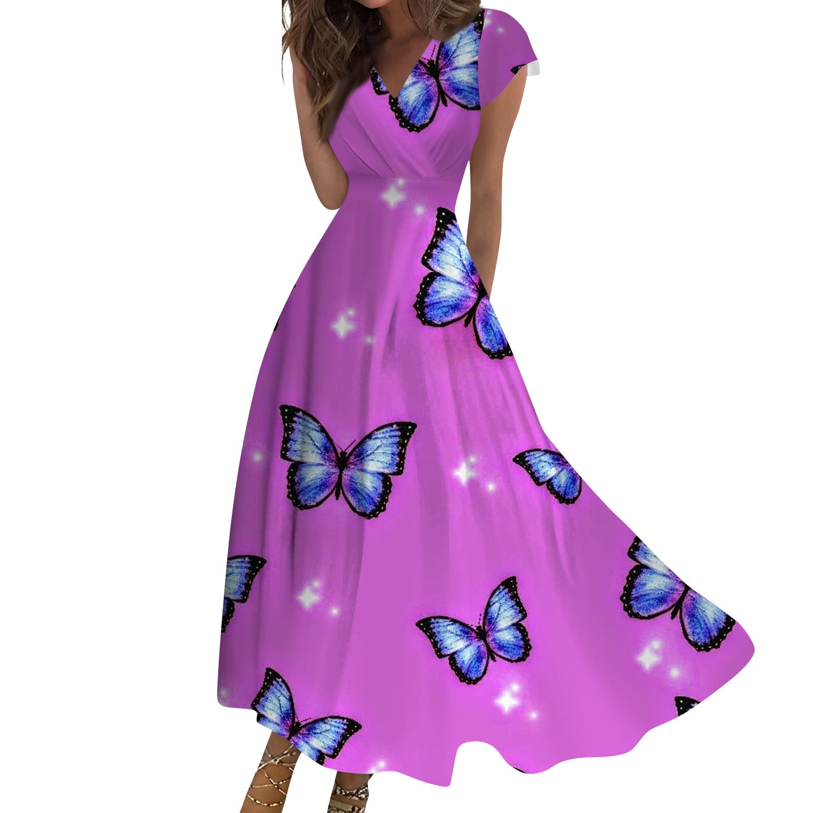 JULMCOMO Long Maxi Dresses for Women Deep V Neck Short Sleeve Sun Dress ...