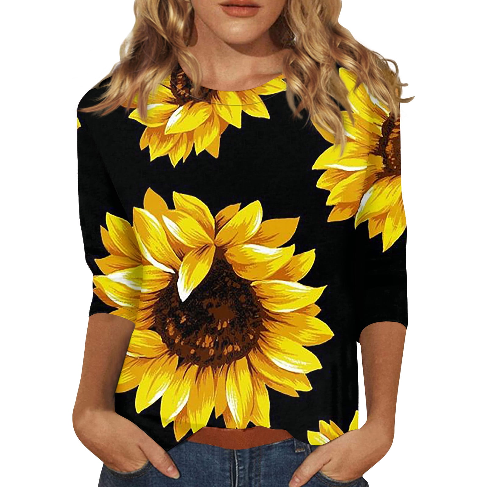 JULMCOMO Plus Size 3/4 Length Sleeve Tops for Women Sunflower Print ...