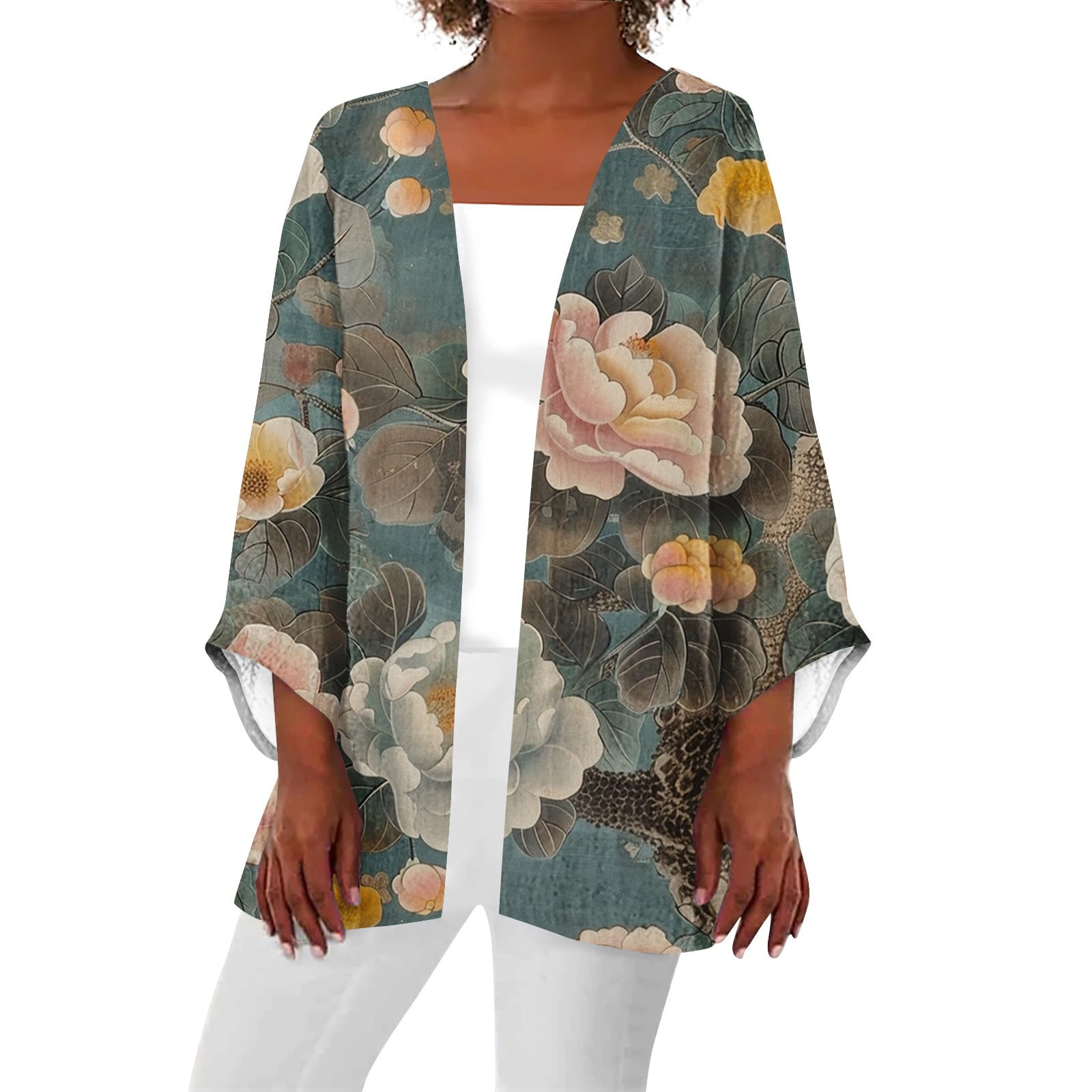 JULMCOMO Plus Size Kimonos for Women Summer Open Front Floral Print ...
