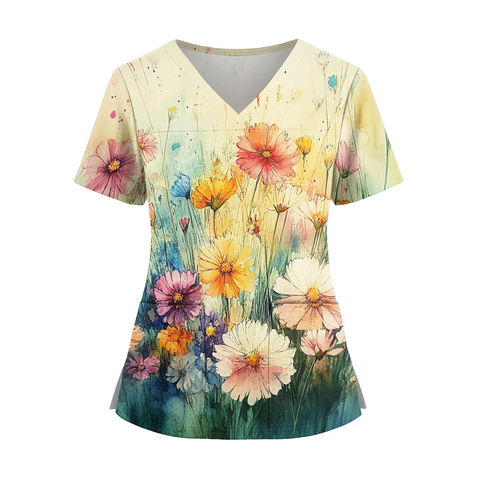 JULMCOMO Plus Size Scrub Tops for Women Floral Print V Neck Side Slit ...