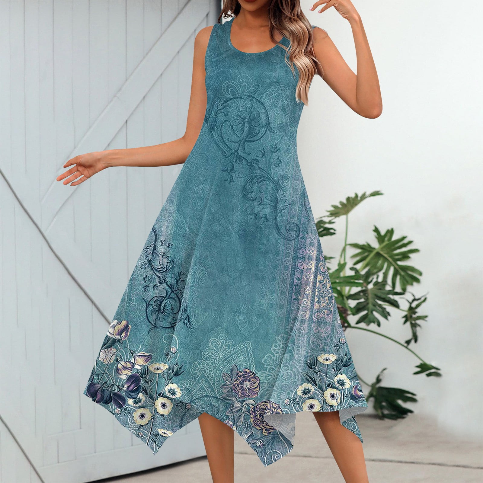 Julmcomo Plus Size Summer Dresses Sleeveless Floral Swing Beach Dress