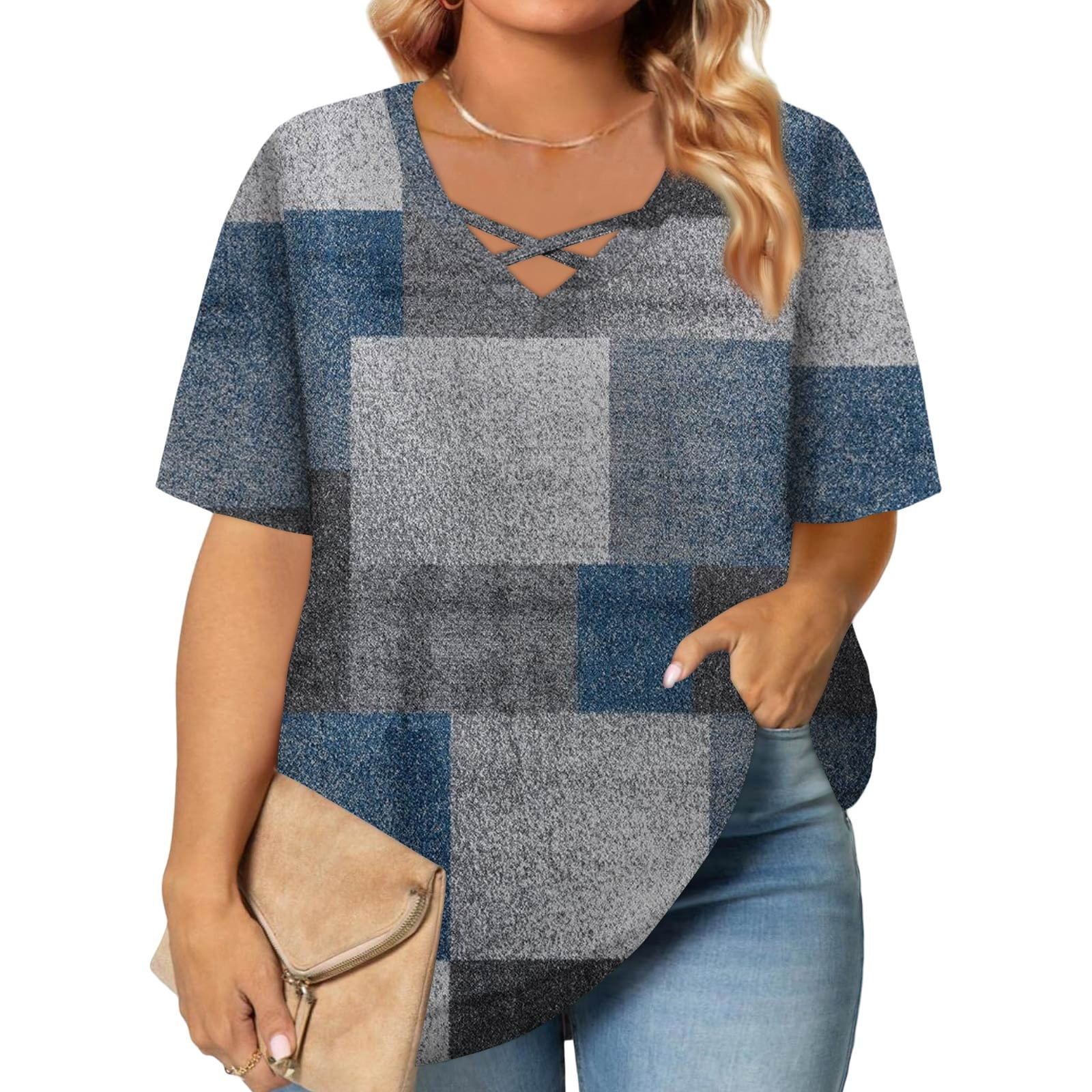 JULMCOMO Plus Size Tunic Tops for Women Dressy Half Sleeve Criss Cross ...