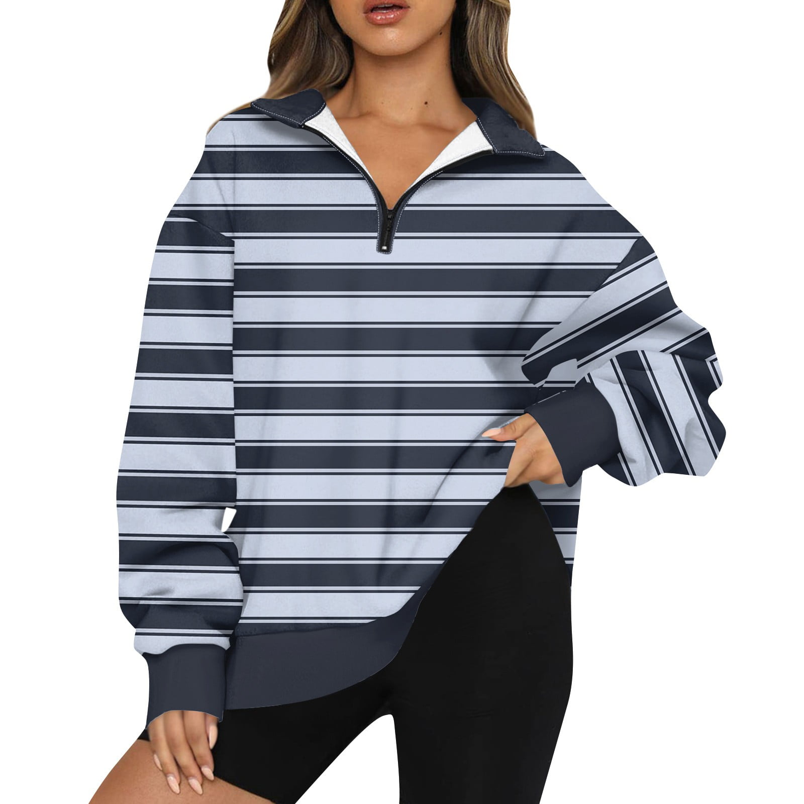 JULMCOMO Quarter Zip Pullover Women Oversized Long Sleeve Striped print ...