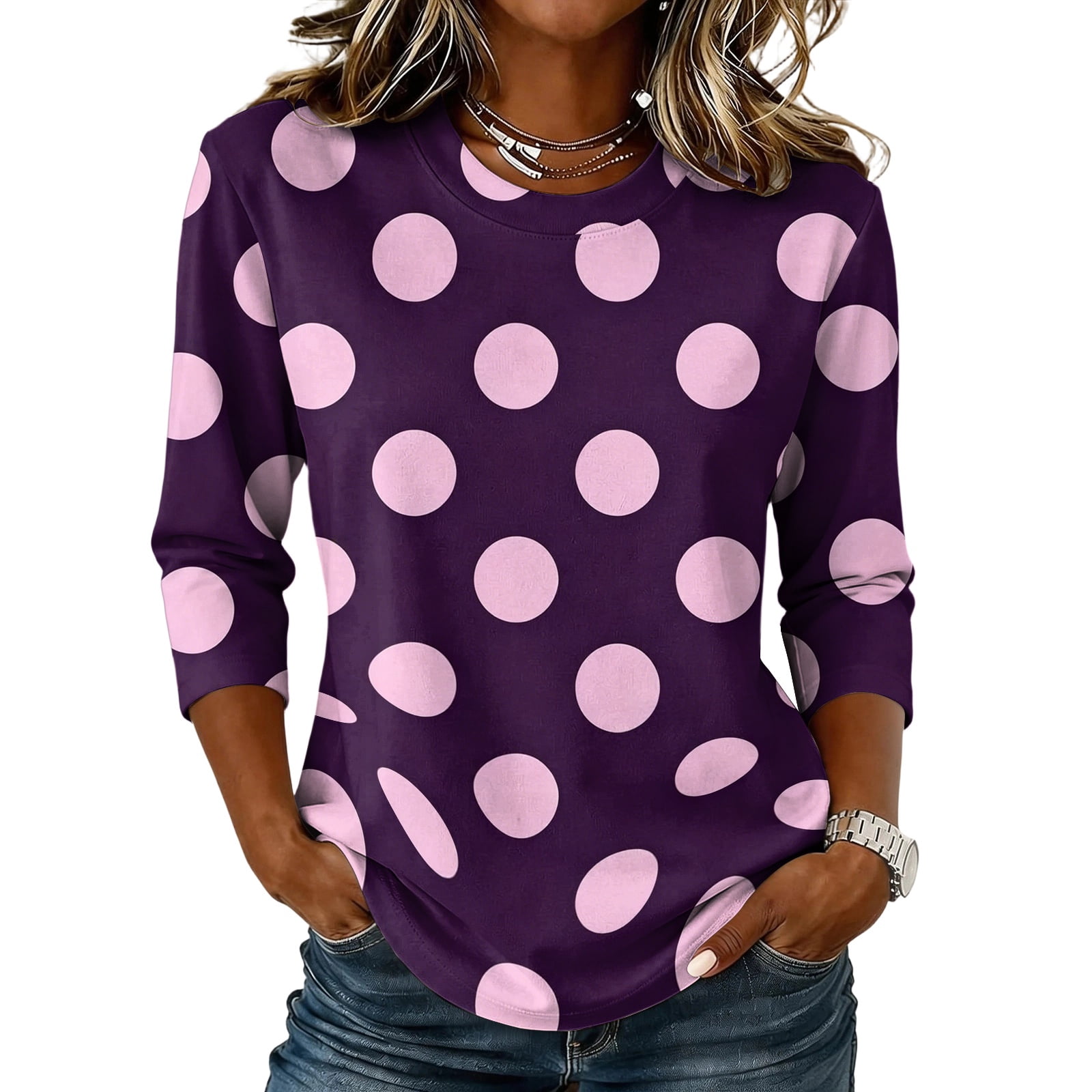 JULMCOMO Shirts for Women Polka Dot 3/4 Sleeve Crew Neck Casual Loose ...