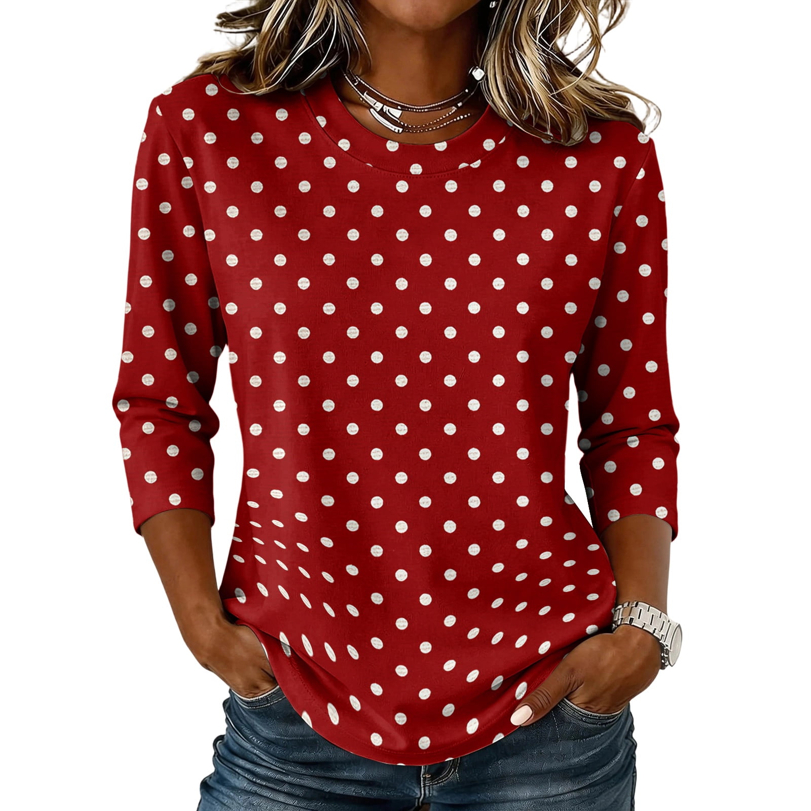 JULMCOMO Shirts for Women Polka Dot 3/4 Sleeve Crew Neck Loose Fit ...
