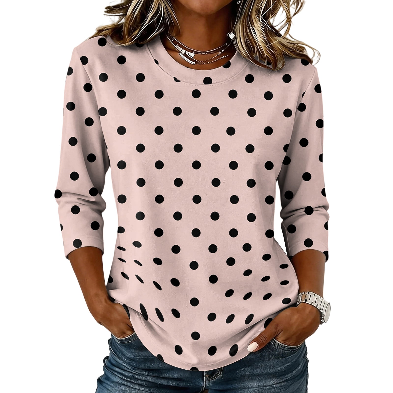 JULMCOMO Shirts for Women Polka Dot Crew Neck 3/4 Sleeve Loose Fit ...