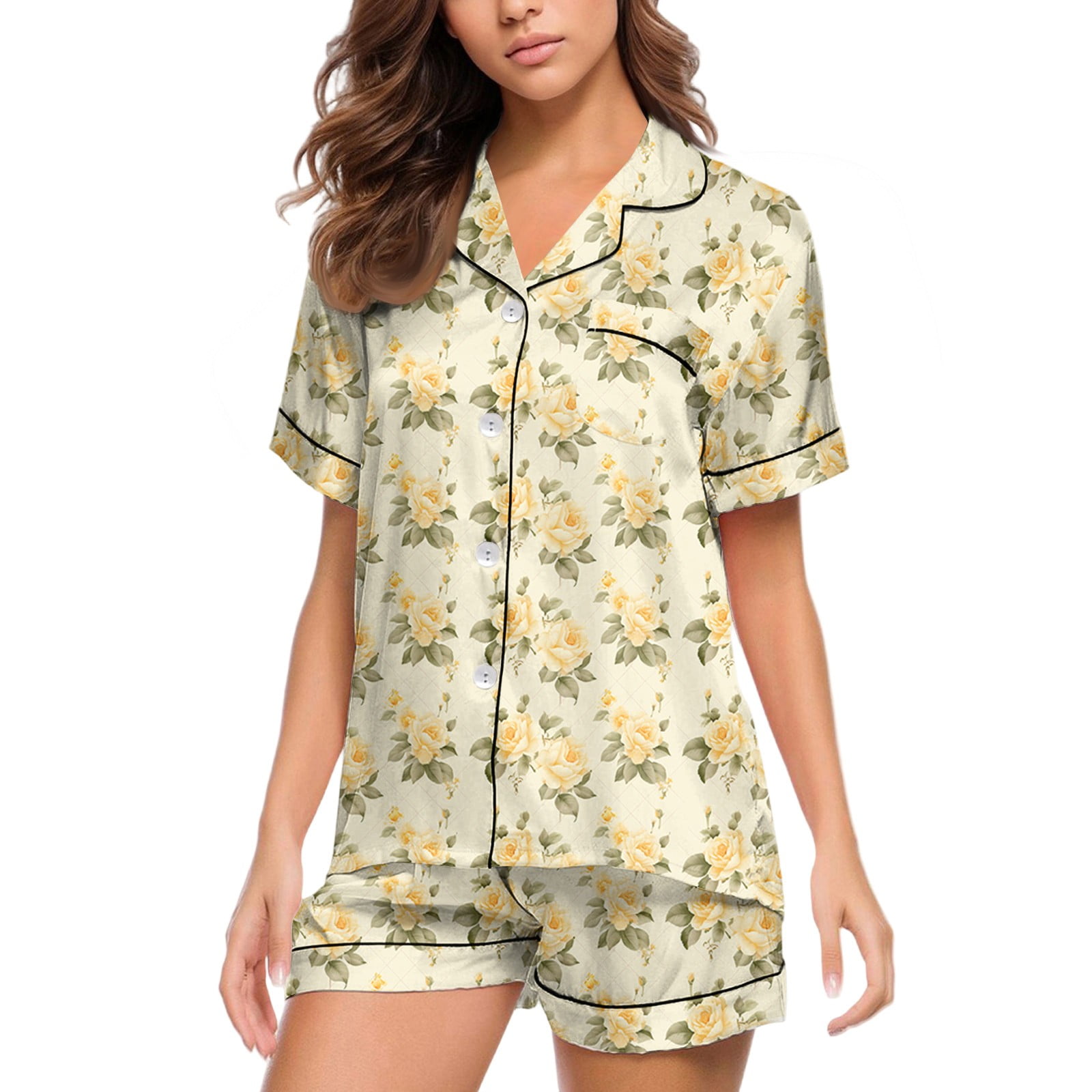 JULMCOMO Silk Pajamas for Women Cute floral print Short Sleeve ...
