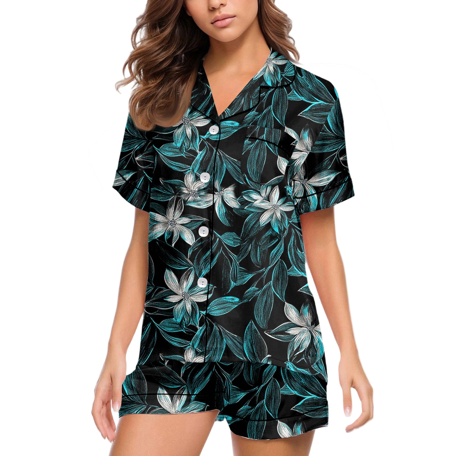 JULMCOMO Silk Pajamas for Women Short Sleeve Button Down Sleepwear Cute Basic color Satin Silk ...