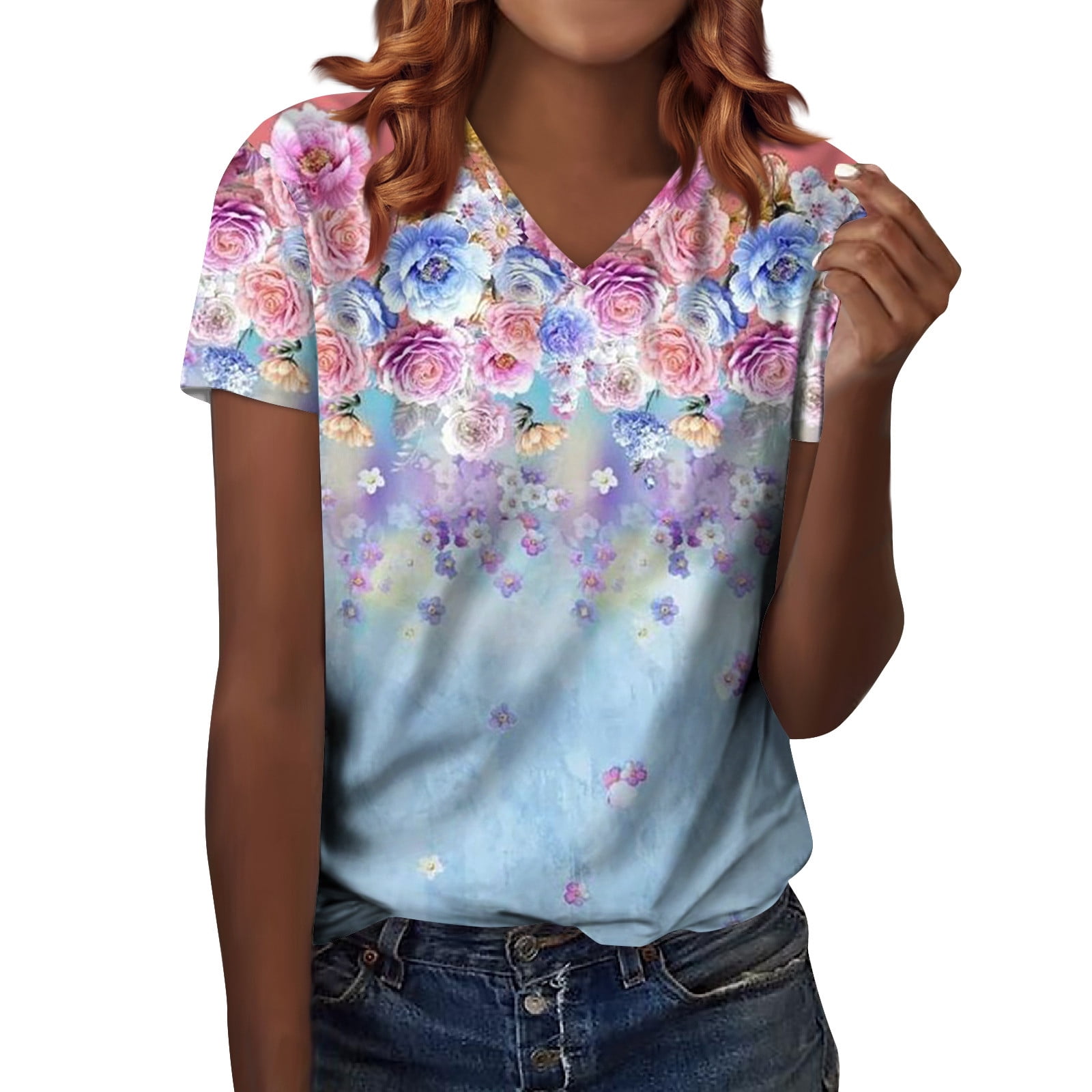 JULMCOMO Summer Tops for Women V-Neck Short Sleeve Trendy Shirts Loose ...