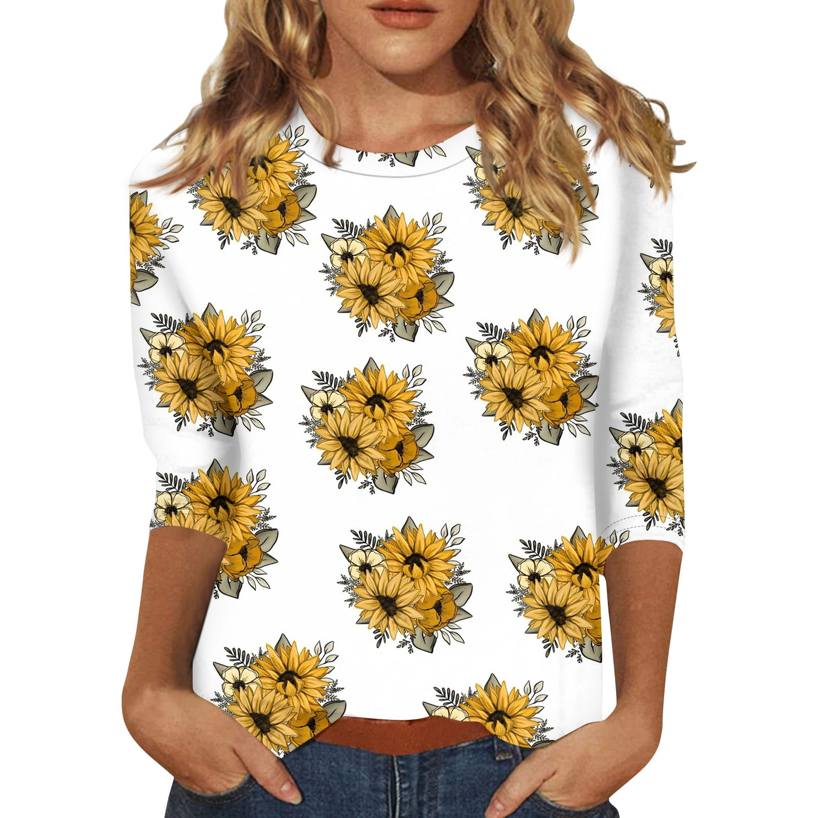 JULMCOMO Sunflower Shirts for Women Crew Neck Mother's Day Gift Blouse 3/4 Length Sleeve Womens ...