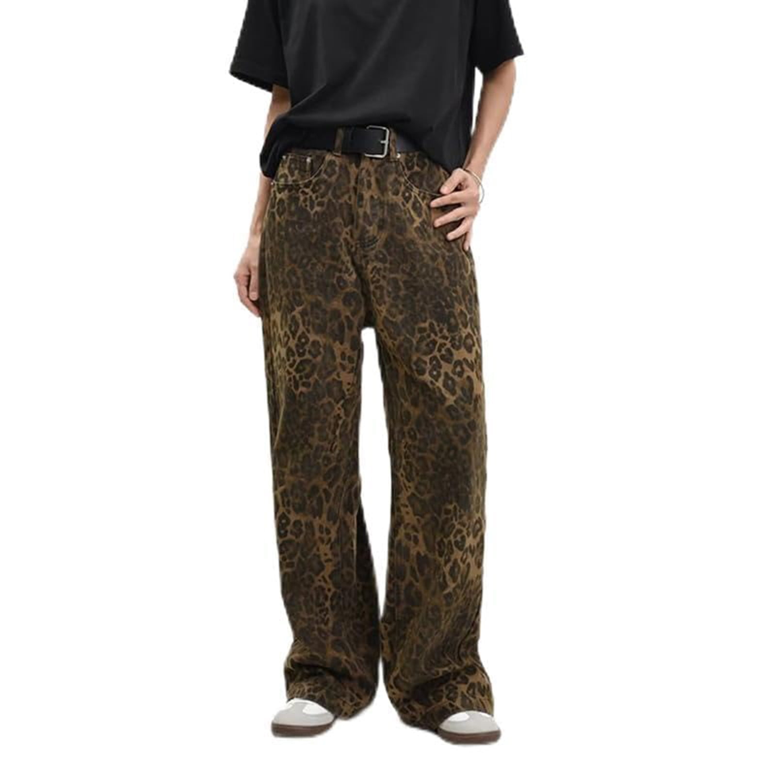 JULMCOMO Women Leopard Print Cargo Pants Wide Leg Cheetah Jeans Unisex ...