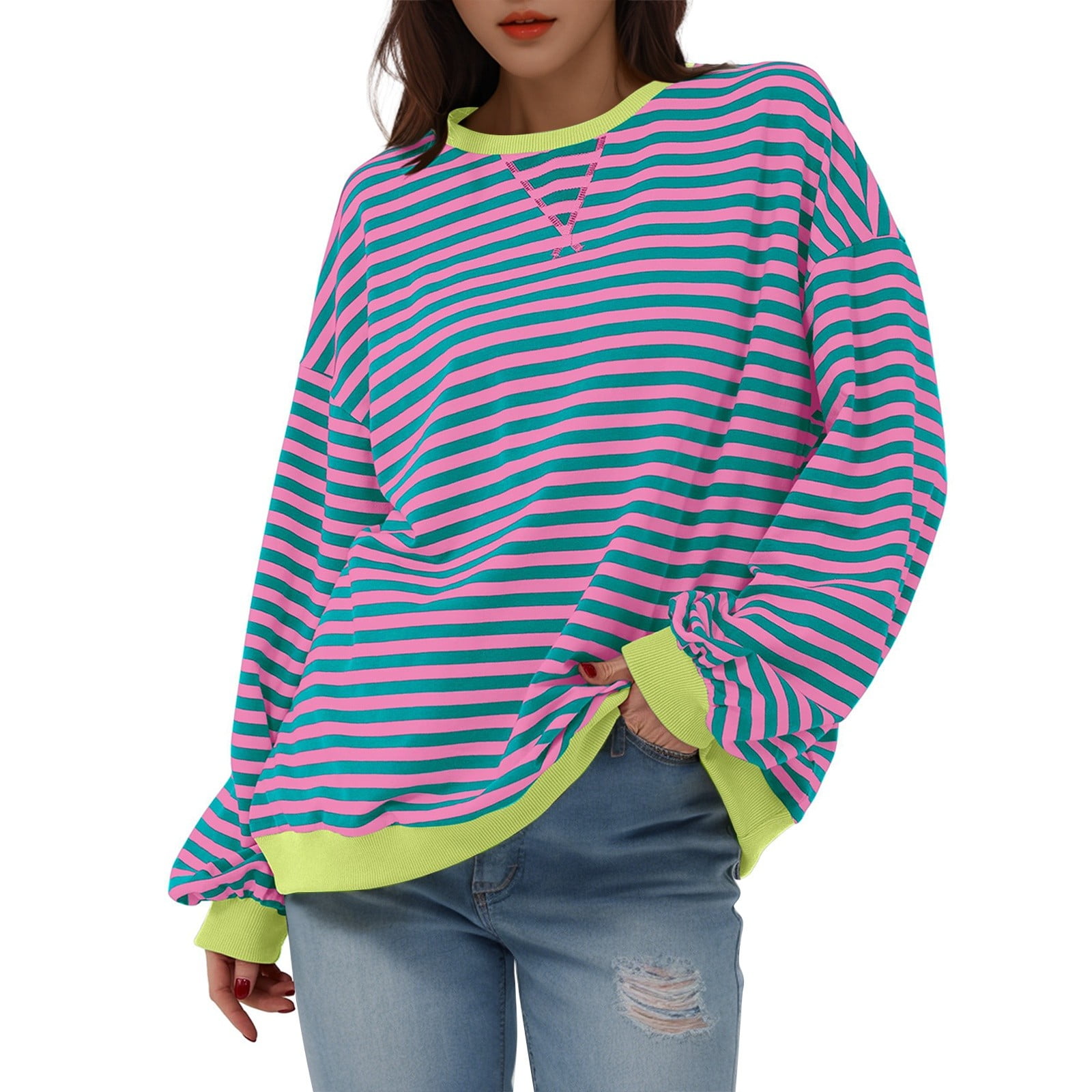 JULMCOMO Women Oversized Striped Color Block Sweatshirt Round Neck Drop ...