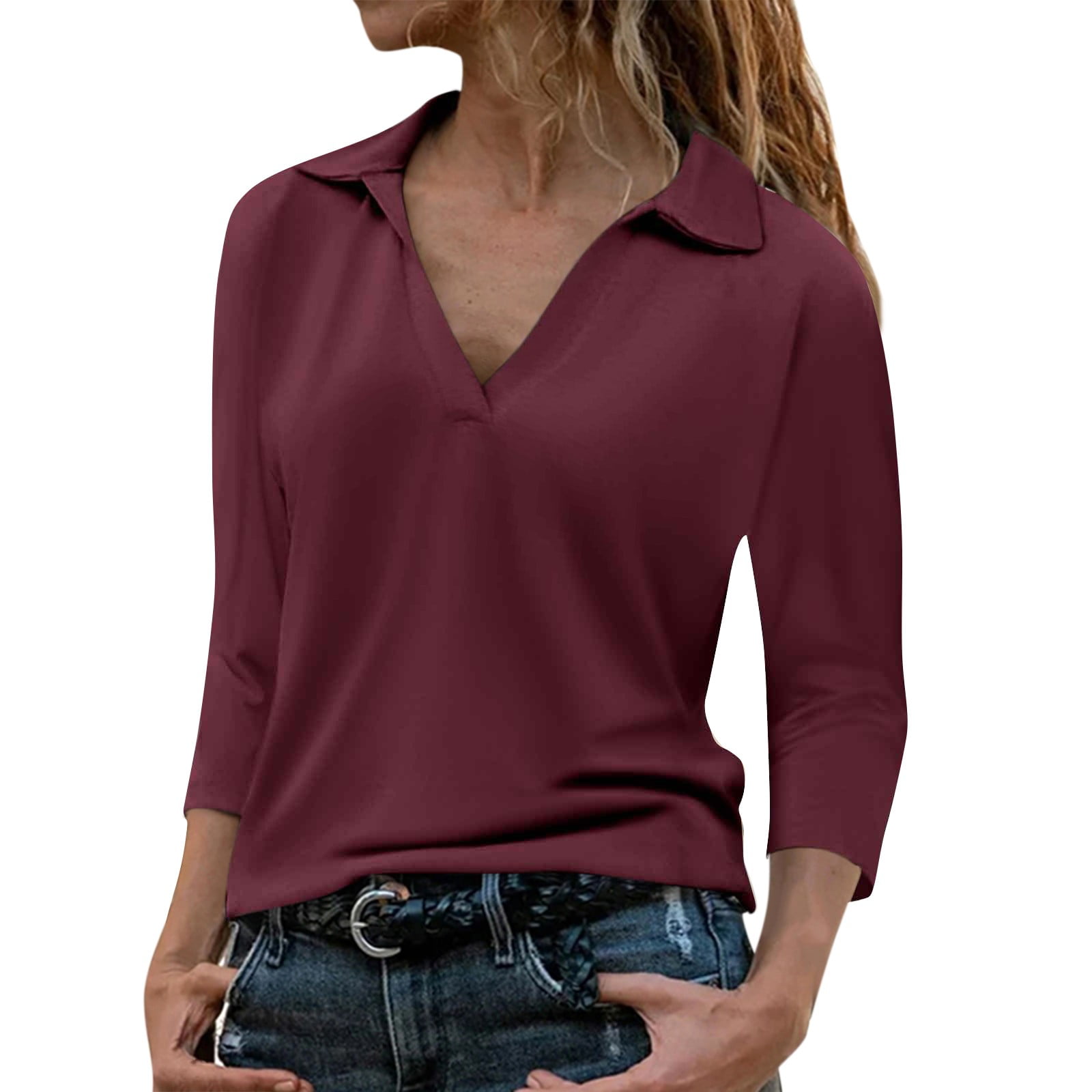 JULMCOMO Women's 3/4 Sleeve Casual Tops Summer V Neck Collared Top ...