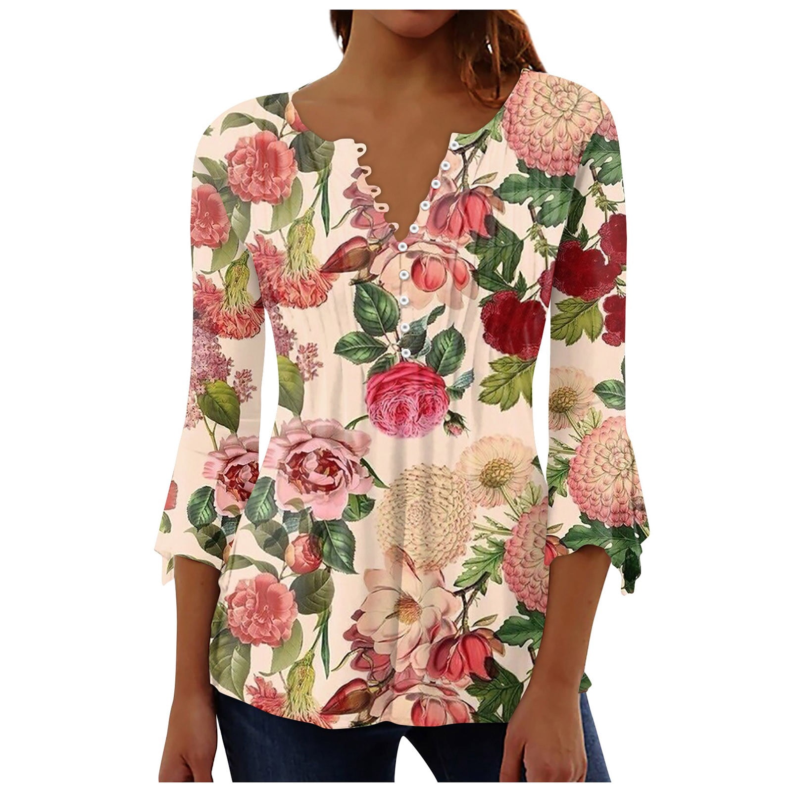 JULMCOMO Women's Casual Tunic Tops 2024 Trendy 3/4 Bell Sleeve Henley ...