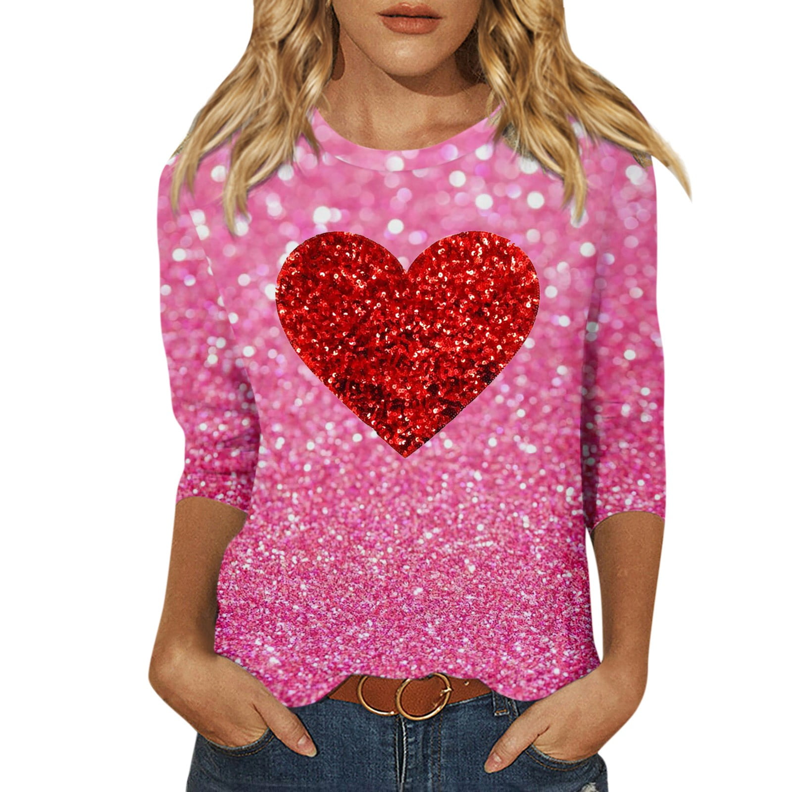 JULMCOMO Women's Valentine Day Shirt 2025 Casual Round Neck Tshirts Plus Size Loose Comfy 3/4 ...